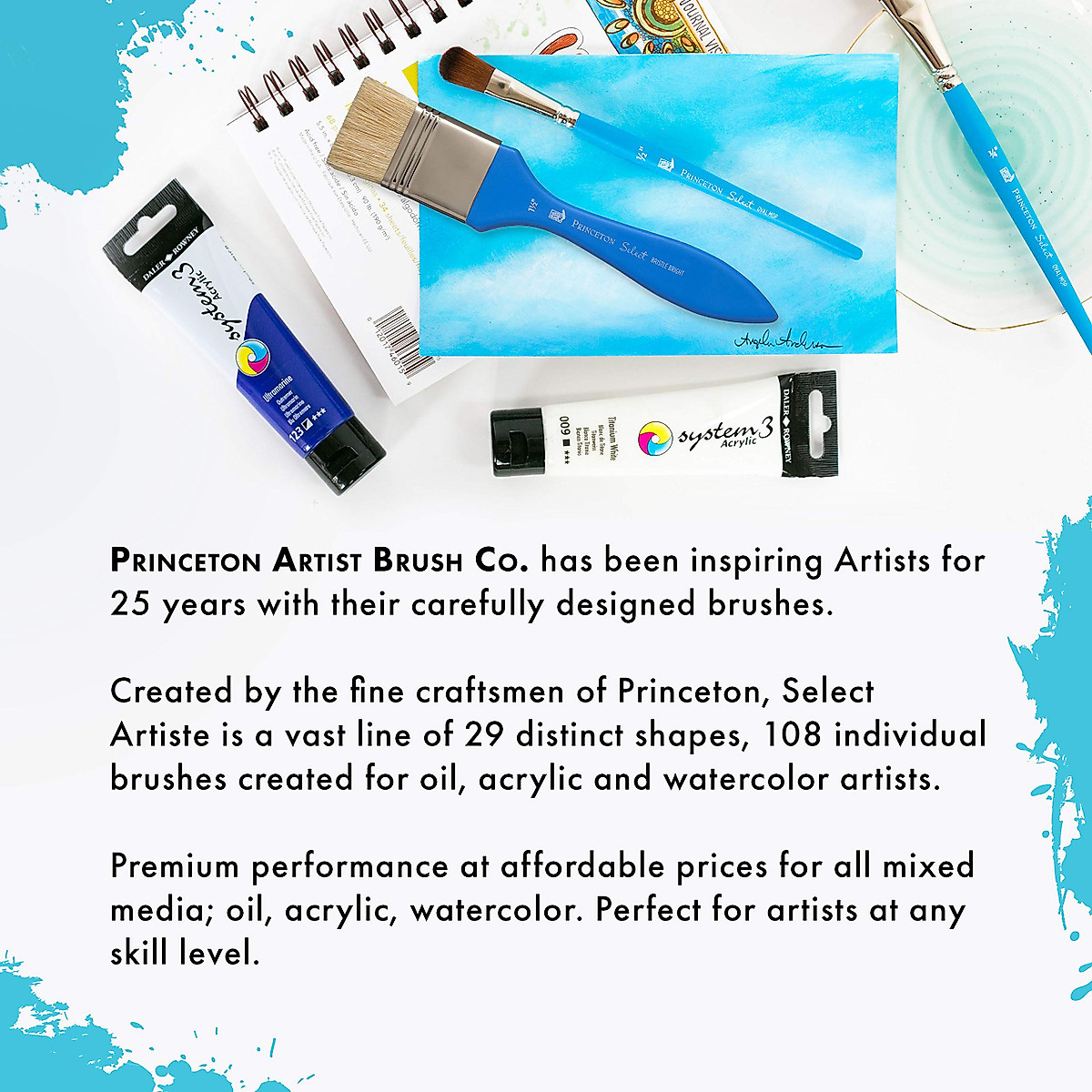 Princeton Select Artiste, Series 3750, Paint Brush for Acrylic, Watercolor and Oil, Flat Wash, 1 Inch