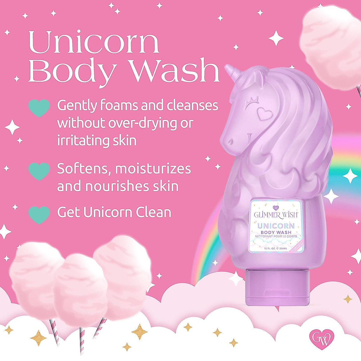 Glimmer Wish Unicorn Kids Body Wash, Gentle Cleanser and Moisturizing Sulfate Free Body Wash, Skin Care for Kids, Vanilla Cotton Candy, 12 Fl Oz