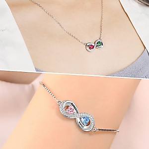 Personalized Infinity Necklace Bracelets Sets - Sterling Silver Customized Love Heart - Shape Birthstones with 2 Names Infinity Pendant Adjustable Personalized Mother Daughter Jewelry Gifts for Her