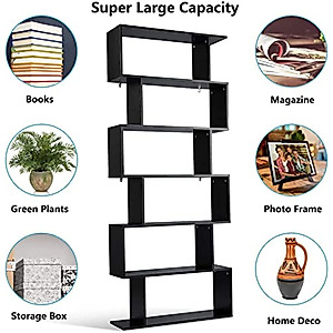 6 Tier Bookcase, S-Shaped White Bookshelf,Tall Bookcase Freestanding Display Shelf for Bedroom, Living Room, Home Office, Black