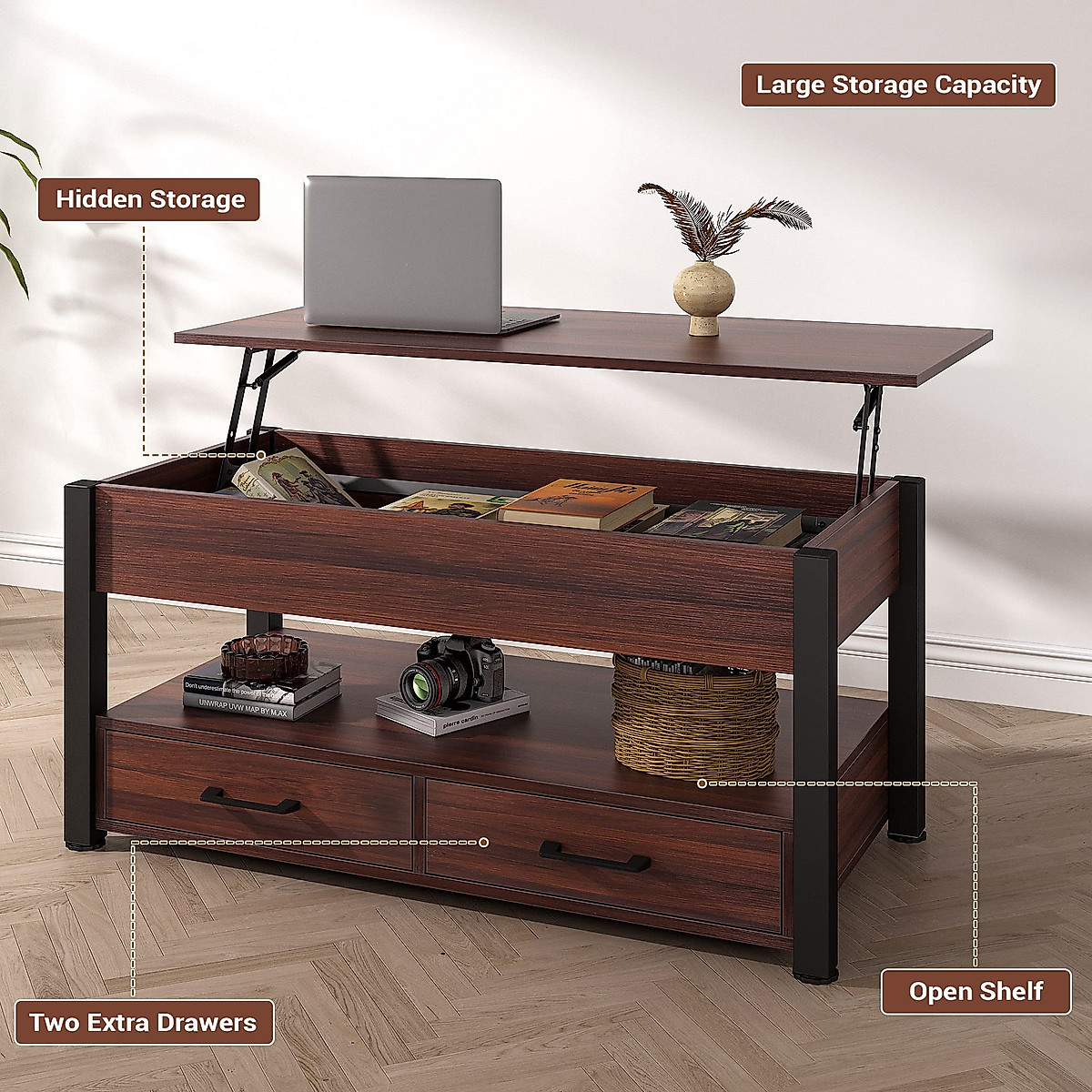 Osfvolr Lift Top Coffee Table, Coffee Table with Storage Drawers and Adjustable Metal Legs, Vintage Wood Living Room Tables with Hidden Compartment and Open Shelf, Espresso