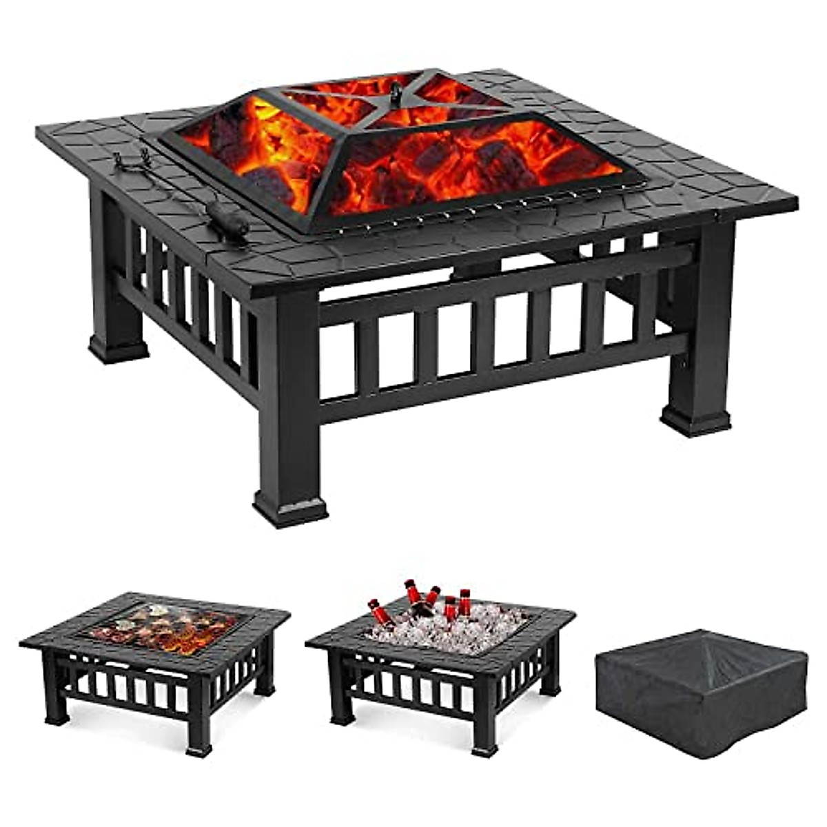 32in Fire Pit Set Wood Burning Pit 3 in 1 Patio Firepit Table BBQ Garden Stove for Outside Wood Burning and Drink Cooling