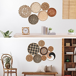 Set of 14 Boho Wall Basket Decor Round Flat Bamboo Rattan Basket Decorative Hanging Woven Basket with Macrame Tassels Handmade Wall Tapestry for Bedroom Living Room Kitchen Farmhouse Crafts