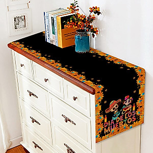 Mexican Day of The Dead Table Runner Mexico Dia De Los Muertos Sugar Skull Table Cover Dining Room Kitchen Home Indoor Outdoor Holiday Party Table Decoration (13" x 72")