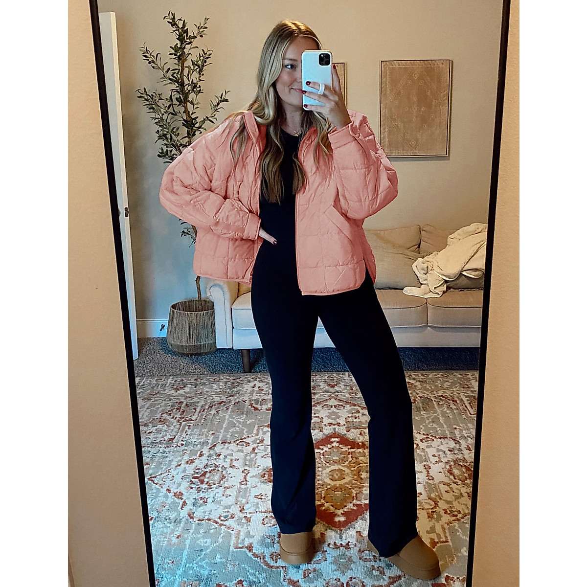 AMEBELLE Women’s Quilted Oversized Puffer Jacket Lightweight Zip Up Winter Warm Coat Outerwear with Pockets(2612-Pink-XL)