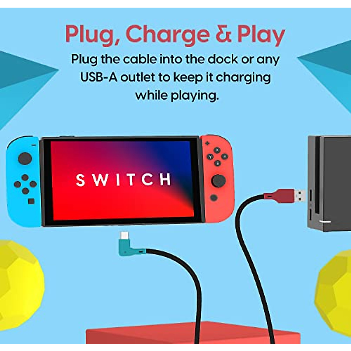 TALK WORKS Fast Charging Cable Compatible with Nintendo Switch, Switch Lite & OLED - USB-C Charger Cables - 10 ft. Long, Right-Angle Cable for Comfortable Mobile Gaming - Blue/Red (2 Pack)