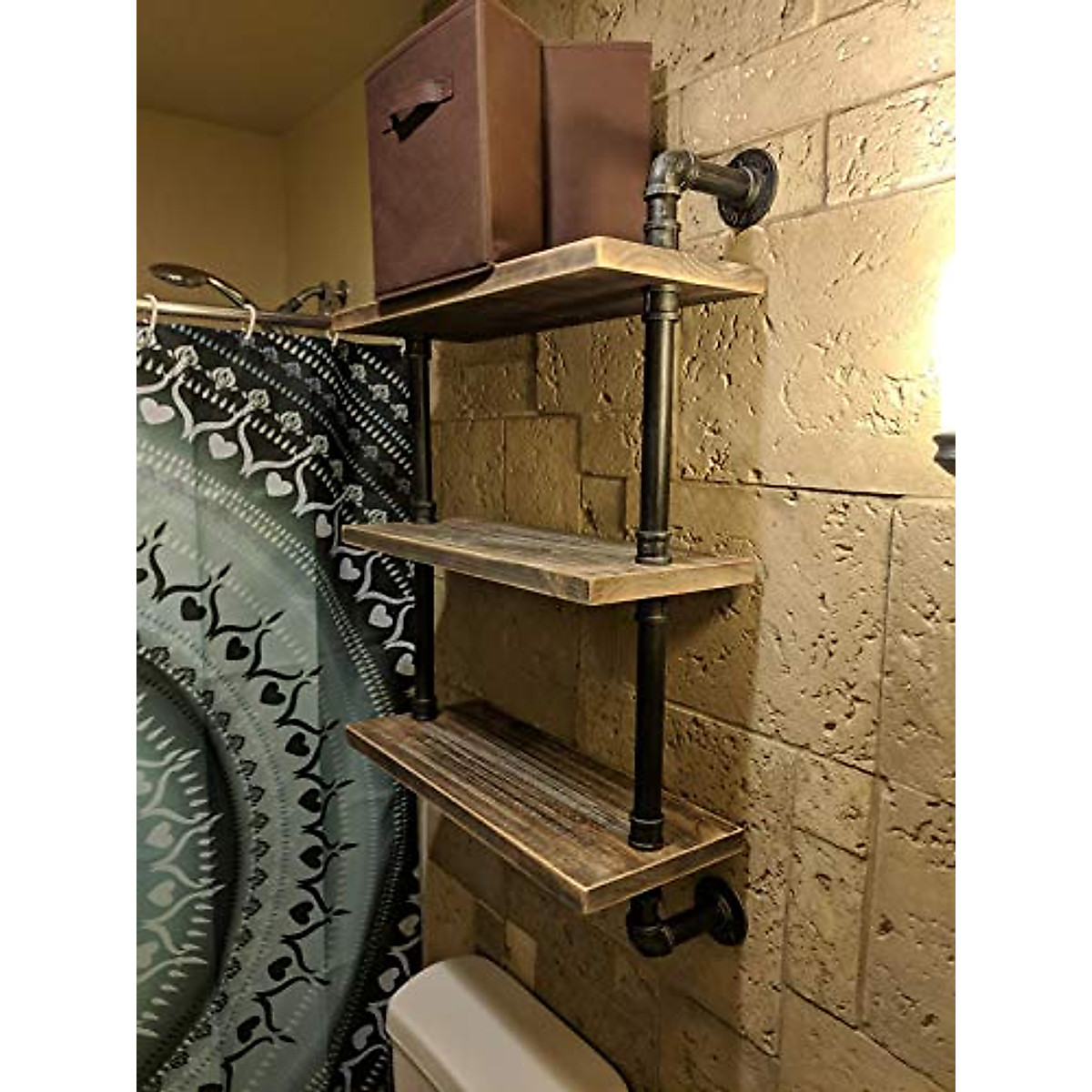 FODUE Industrial Pipe Shelving Bookshelf Rustic Modern Wood Ladder Storage Shelf 3 Tiers Retro Wall Mount Pipe Design DIY Shelving