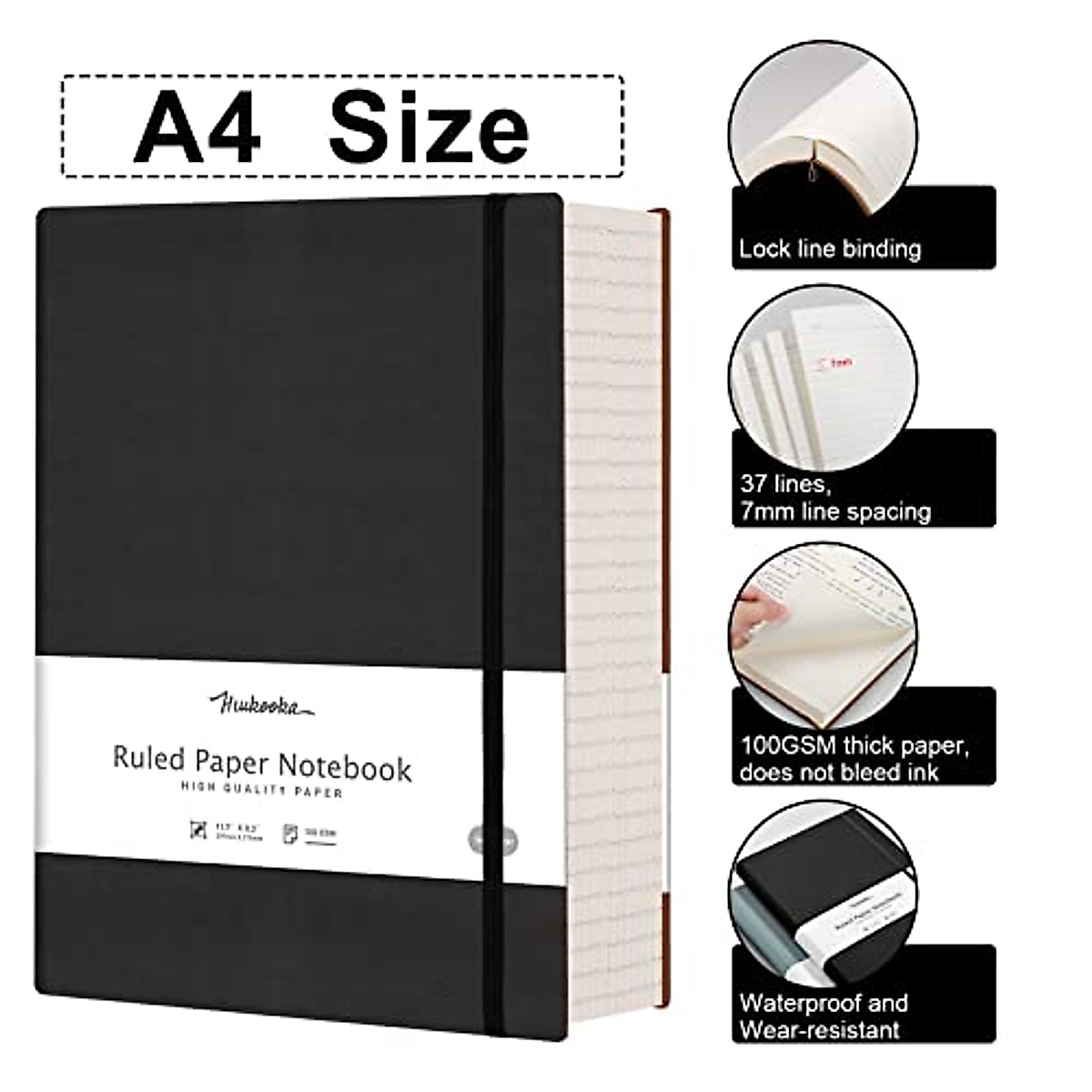 HIUKOOKA College Ruled Lined Journal Notebook-320 Pages A4 Notebook Large Journal 8.3''×11.7'', 100GSM Thick Notebook for Work,Leather Journal for Writing,Office,School with Inner Pocket - Black