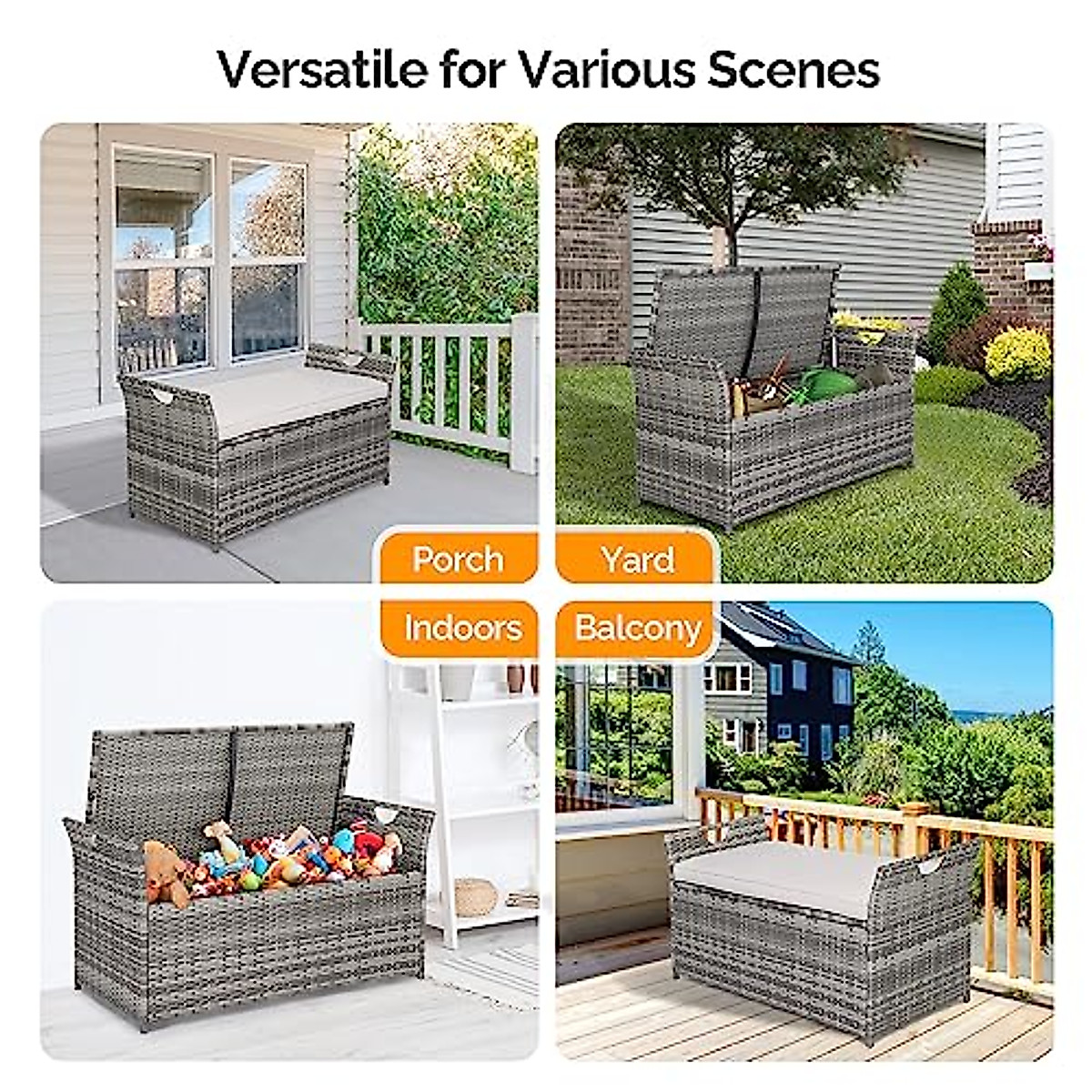 VINGLI 40 Gallon Outdoor Storage Bench with Cushion, Rattan Storage Box, Patio Wicker Deck Box with Seat for Garden | Balcony | Porch | Pool | Yard (Grey Frame + Light Grey Cushion)