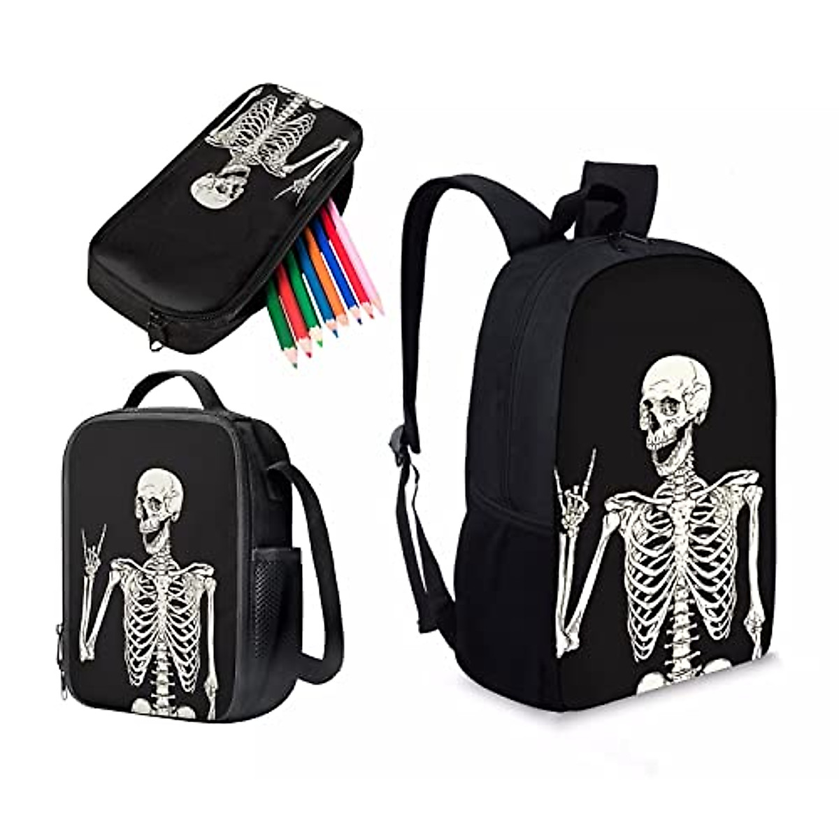 Bulopur Gothic Skull Boys Girls School Computer Backpacks, Funny Skeleton Lightweight Backpacks for Teen, Halloween Black 3 Pcs Insulated Lunch Bag Pen Pencil Bag