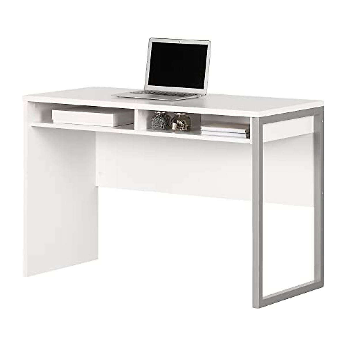 Interface Desk – Sleek Metal Finish – Open Storage for Laptop and Tablet – Pure White - by South Shore