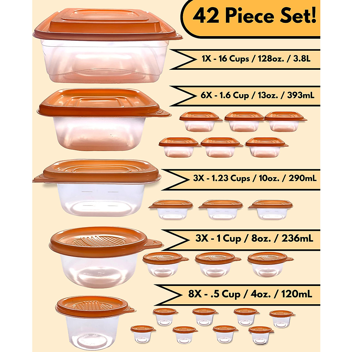 Room 2 Room 42-Piece Food Storage Container Set For Food Storage, Dishwasher Safe, Airtight, BEST VALUE (Orange)