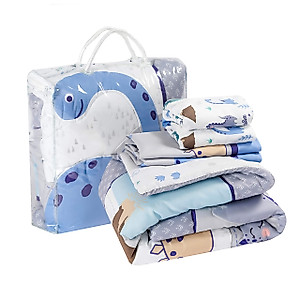 La Premura Baby Crib Bedding Set for Boys – Dinosaur 3 Piece Standard Size Nursery Crib Comforter Set, Grey/Blue - Unisex Baby Nursery Bedding and Neutral Decor
