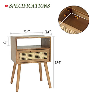 MaxSmeo Mid Century Modern Nightstand with Drawer, Small Nightstand Bedside Table, Brown Rattan Nightstand, Wood End Table for Bedroom, Living Room (Brown)