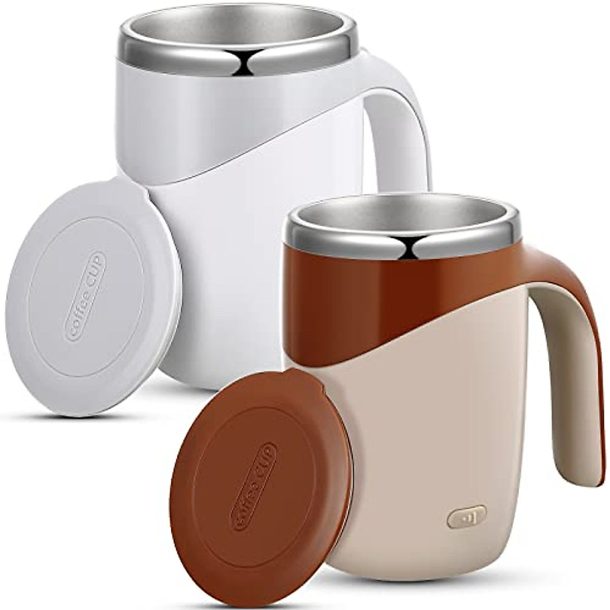 Self Stirring Coffee Mug 2 Pieces Rotating Home Office Travel Stirring Mug Automatic Magnetic Mug Stirring Coffee Mug Self Stirring Stainless Steel Mug Christmas Gift Birthday Gift (White, Coffee)