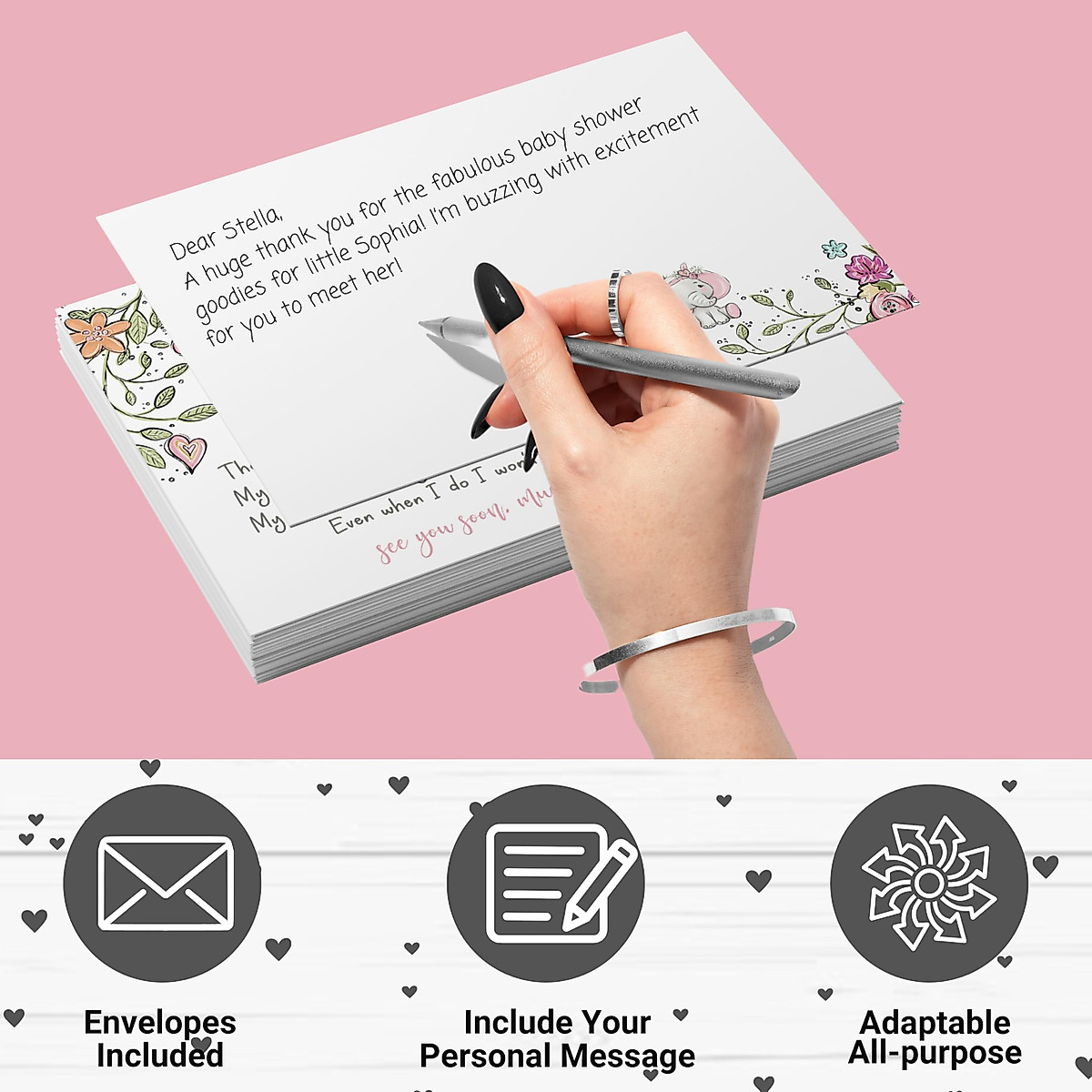 Paper Clever Party Cottage Elephant Baby Shower Thank You Cards with Envelopes - 25 Pack - Pink Floral 4x6 Blank Notes with Prefilled Message from Baby Girl - Personalizable Space for Customization