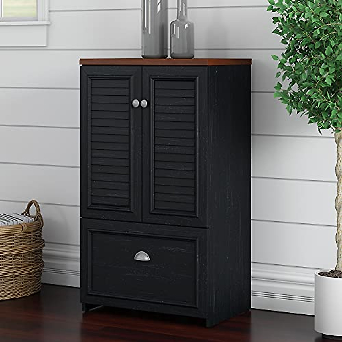Bush Fairview 41.69-Inch H Storage Cabinet with 3 Shelves, Antique Black/Hansen Cherry (WC53980-03)