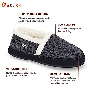 Acorn Moc Slipper – Cozy, Comfortable Moccasins for Women – House Shoes with Memory Foam Cloud Cushioning and Indoor / Outdoor Sole, Dark Charcoal Heather Ragg Wool, 8-9