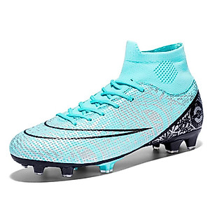 DHOVOR Mens Womens Soccer Cleats Teenagers High-Top Football Cleats Non Slip Athletics Football Trainers Indoor/Outdoor Cyan