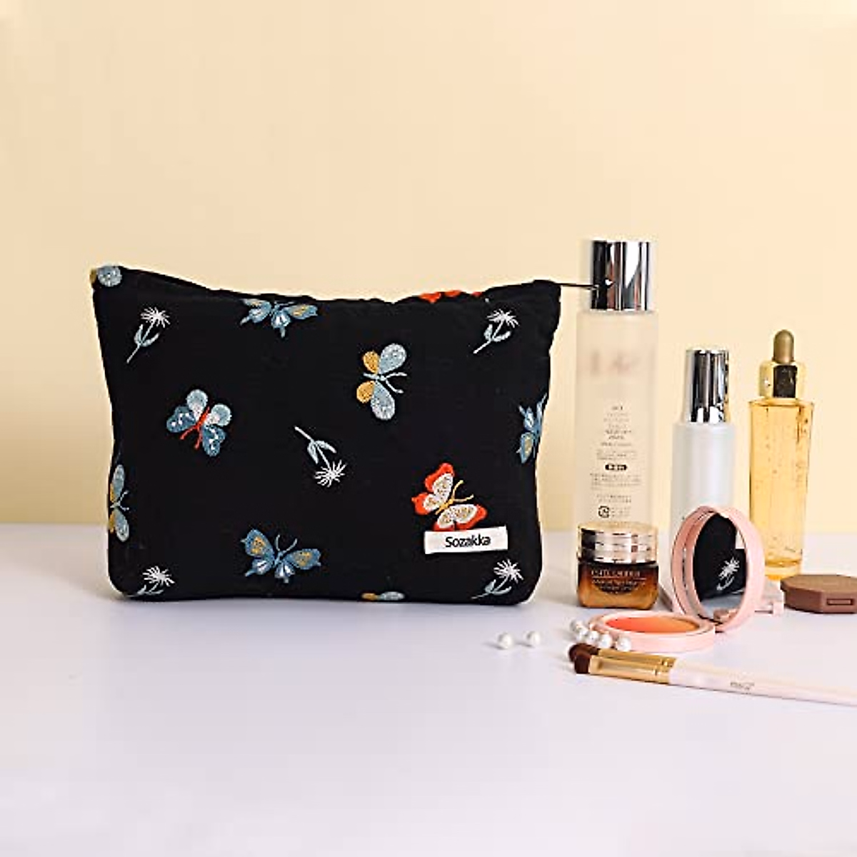 LYDZTION Butterfly Makeup Bag Cosmetic Bag for Women,Large Capacity Canvas Makeup Bags Travel Toiletry Bag Accessories Organizer,Black
