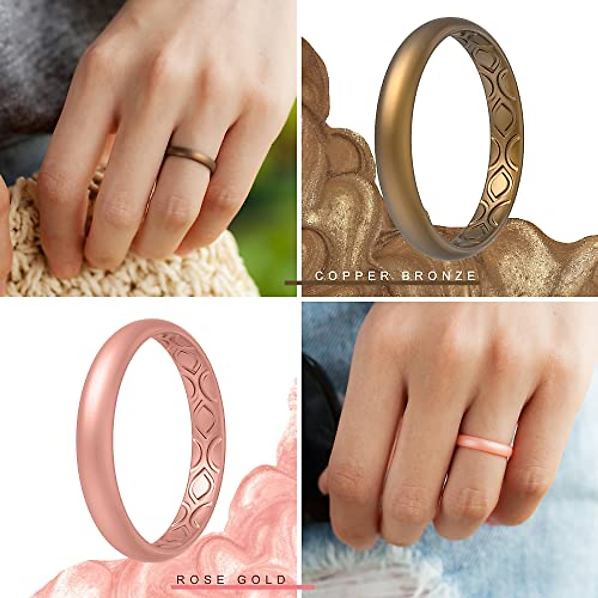 ThunderFit Silicone Wedding Rings for Women, Breathable Air Grooves Engagement Bands 3mm Wide 1.5mm Thick - 1/4/8/12 Variety Multipack (Pack W - Size 6.5-7 (17.35mm))