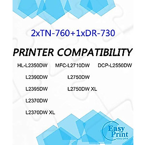 EASYPRINT Compatible 2-Pack TN760 TN-760 Toner Cartridge & 1-Pack DR-730 DR730 Drum Unit Used for Brother DCP-L2550DW, HL-L2350DW, L2370DW, L2390DW, L2395DW, MFC-L2710DW Printer, (Total 3-Pack)