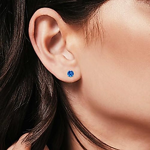 14k White Gold Round Solitaire Stud Earrings with Screw Back Blue Topaz CZ Size-4mm