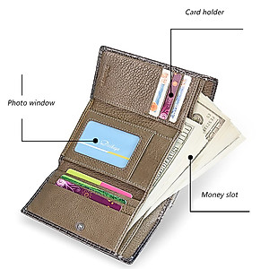 Dicihaya Women Small Compact Bifold Genuine Leather Wallet Ladies Mini Purse with ID Window Coin Pocket (Silver)