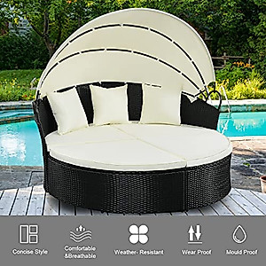 LUKEO Outdoor Patio Sofa Furniture Round Retractable Canopy Daybed Black Wicker Rattan