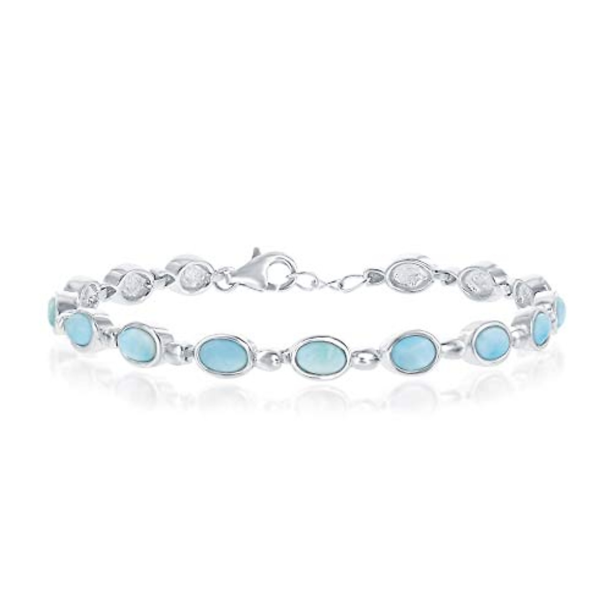 Sterling Silver High Polish Bezel-Set Oval Natural Larimar Link Bracelet