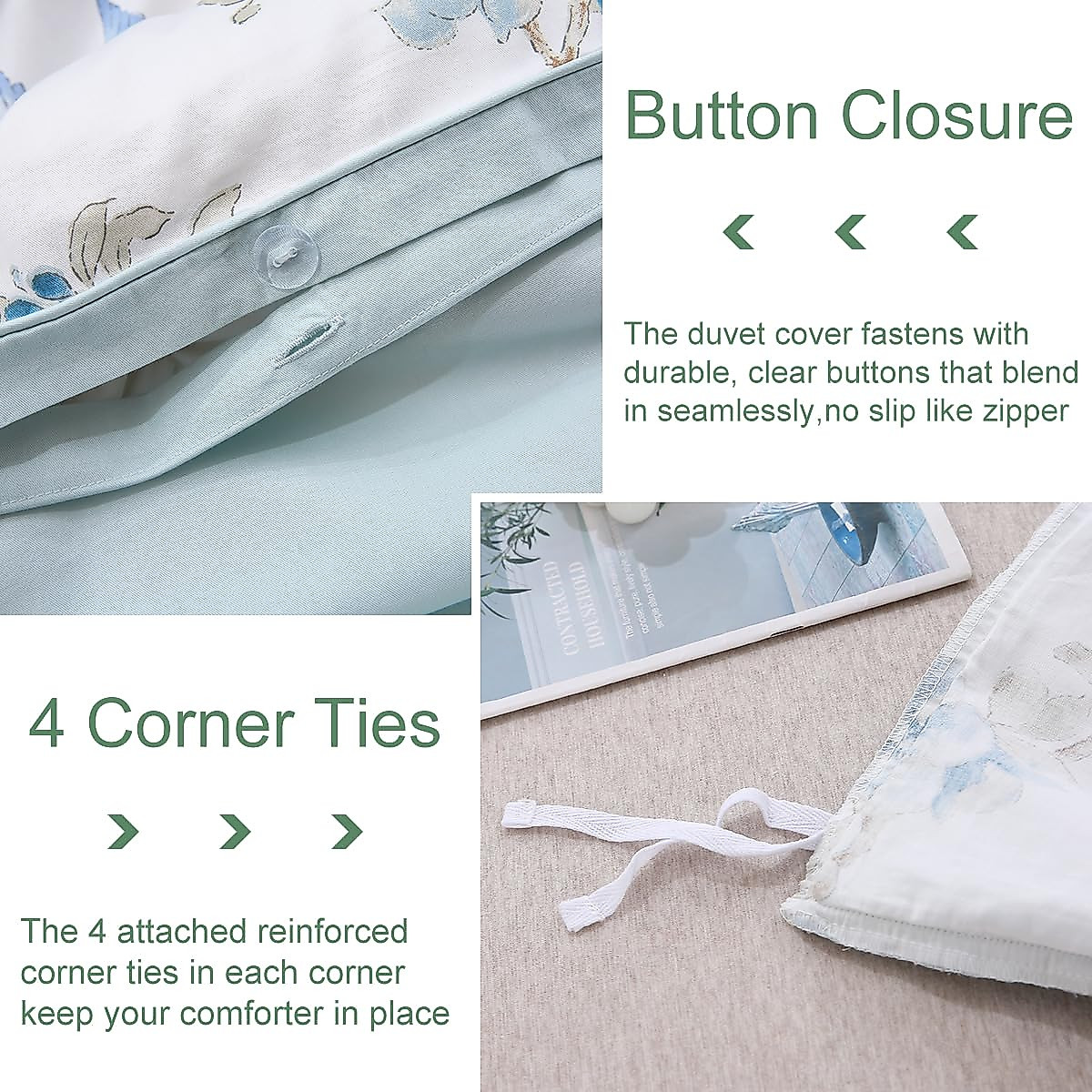 URBONUR Blue Floral Duvet Cover Set Queen Size 100% Cotton 3 Pieces Bedding Comforter Cover with Button Closure Birds on White Comforter Cover Sets, Soft Cooling Duvet Cover Queen