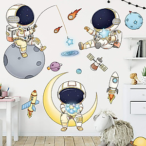 Astronaut Wall Stickers for Boys Bedroom, DILIBRA Cartoon Spaceman Outer Planet Creative DIY Art Vinyl Removable Wall Decal, Star Spaceship UFO Glaxy Wallpaper Decor for Kid’s Room Nursery