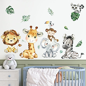 decalmile Safari Jungle Animals Wall Stickers Elephant Giraffe Lion Wall Decals Baby Nursery Kids Bedroom Living Room Wall Decor
