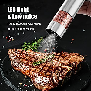 Electric Salt and Pepper Grinder Set Rechargeable, Large Capacity Automatic Pepper Mill with LED Light and Upgraded Charge Base, 304 Stainless Steel, Adjustable Coarseness,One Handed Operation 2 Pack