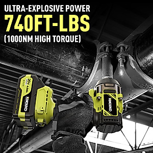 1000N.m (740 ft-lbs) Cordless Impact Wrench, 20V High Torque Brushless 1/2" Impact Gun with 2 x 4.0Ah Batteries and Fast Charger, 4 Sockets, 125mm Extension Bar - Perfect for Home, Car, and Truck Use