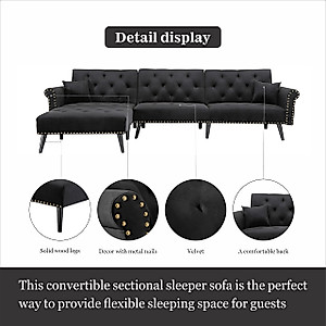 POCIYIHOME Sectional Sofa Right Hand Facing Velvet Button Tufted, L Shape Chaise with Nail Head Detail, Modern 4-Seater with Seat Cushion & Wood Leg, 2 Pillows, Couch for Living Room,Office, Black