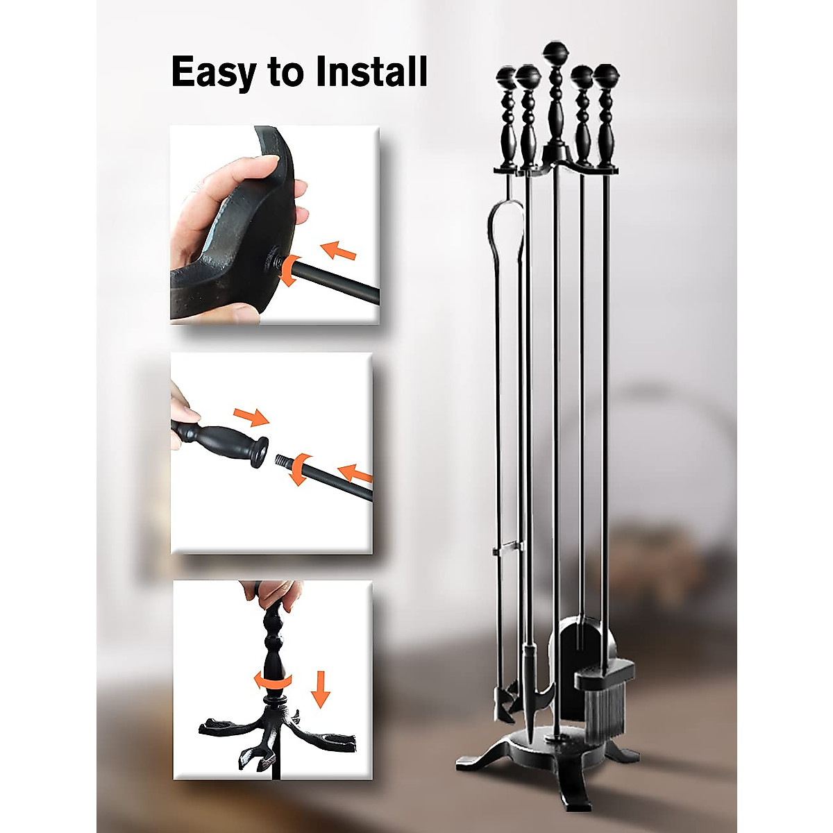 COMFYHOME 5-Piece Fireplace Tools Set 32'', Heavy Duty Wrought Iron Fire Place Tool w/Long Fire Poker, Shovel, Tongs, Brush, Stand for Outdoor Indoor Chimney,Stove, Fire Pit Easy to Assemble,Black