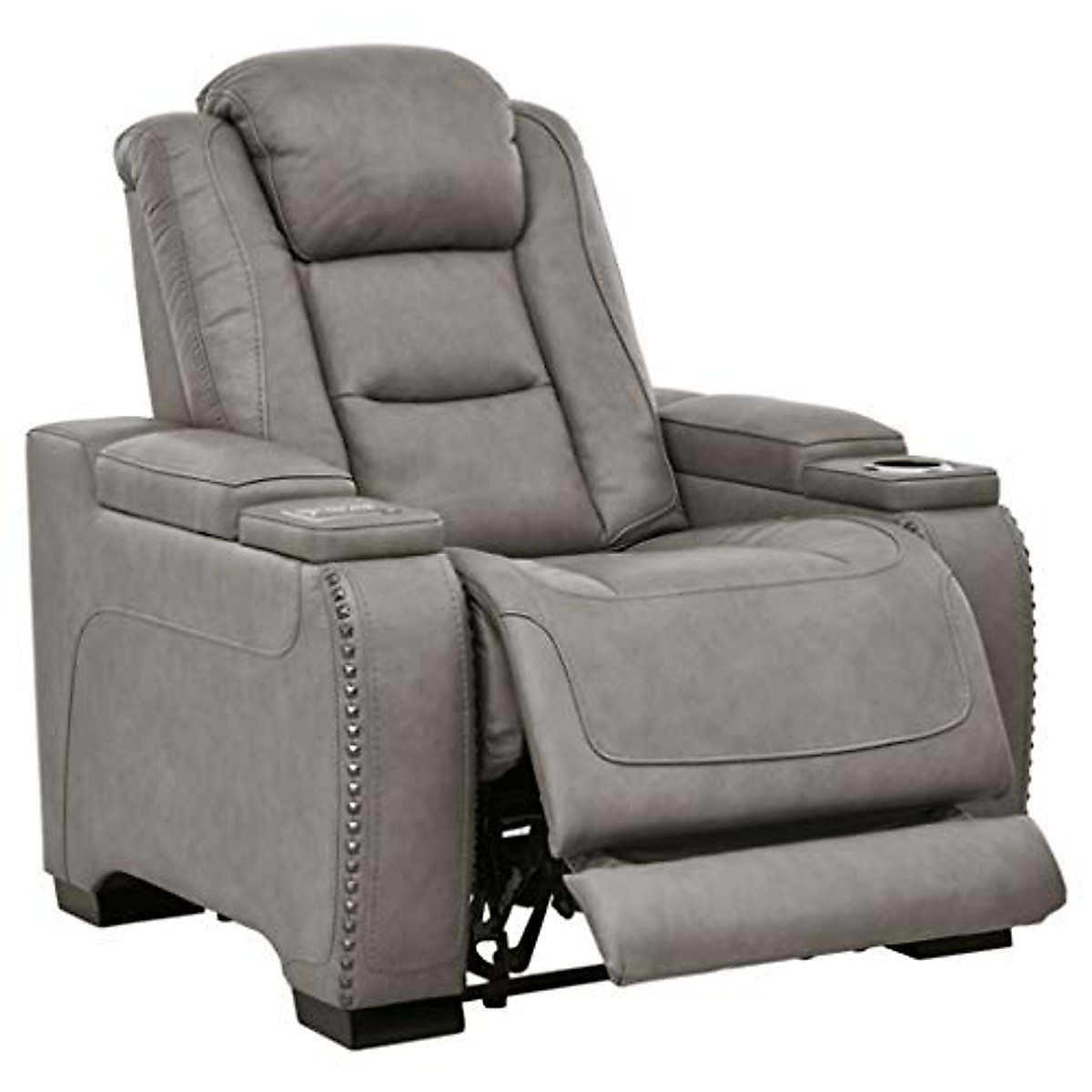 Signature Design by Ashley The Man-Den Leather Power Recliner with Adjustable Headrest & Wireless Charging, Gray