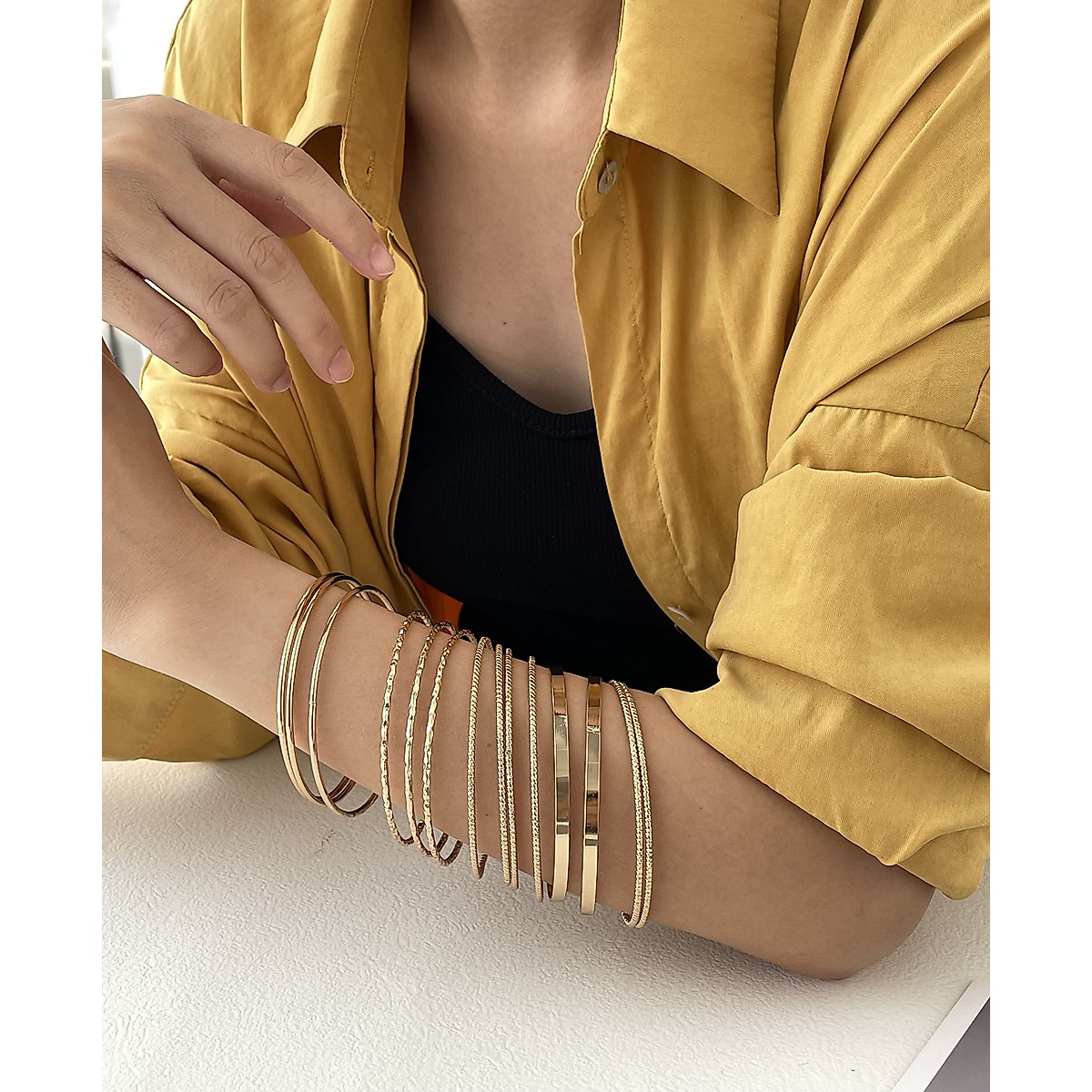 Sakytal Boho Gold Bangle Bracelet Set Indian Multi Layered Bangles Bracelets Stackable Textured Bracelet for Women (Set A)