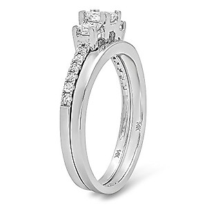 Dazzlingrock Collection 0.85 Carat (Cttw) 14K Princess & Round Diamond Women 3 Stone Engagement Ring Set, White Gold, Size 7