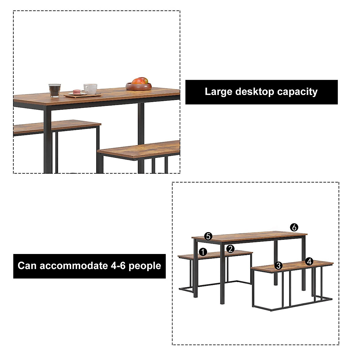 SogesPower 55.1 inches Dining Table Set,3-Pieces Kitcen Table Set for 2 Person Kitchen Breakfast Table Chair Set Pub Table and Chairs Set with 2 Bench Suitable for Kitchen Dining Room,Retro