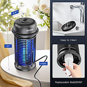 PEMATAR Bug Zapper Outdoor Electric, 4200V/20W High Power Voltage Mosquito Zapper, IPX4 Waterproof Fly Traps, Fly Zapper for Camping, Backyard, Patio and Garden