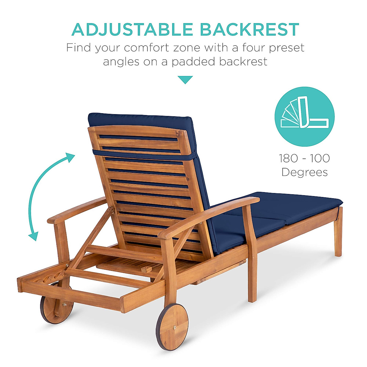 Best Choice Products 79x26in Acacia Wood Chaise Lounge Chair Recliner, Outdoor Furniture for Patio, Poolside w/Slide-Out Side Table, Foam-Padded Cushion, Adjustable Backrest, Wheels - Navy Blue