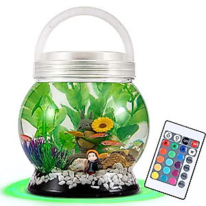LA KEN DU,Small Betta Tetra Fish Tank Decorations Set-Aquarium with 20 Color LED Lighting,Fish Night Light Aquarium for Kids,0.5-Gallon,Transparent