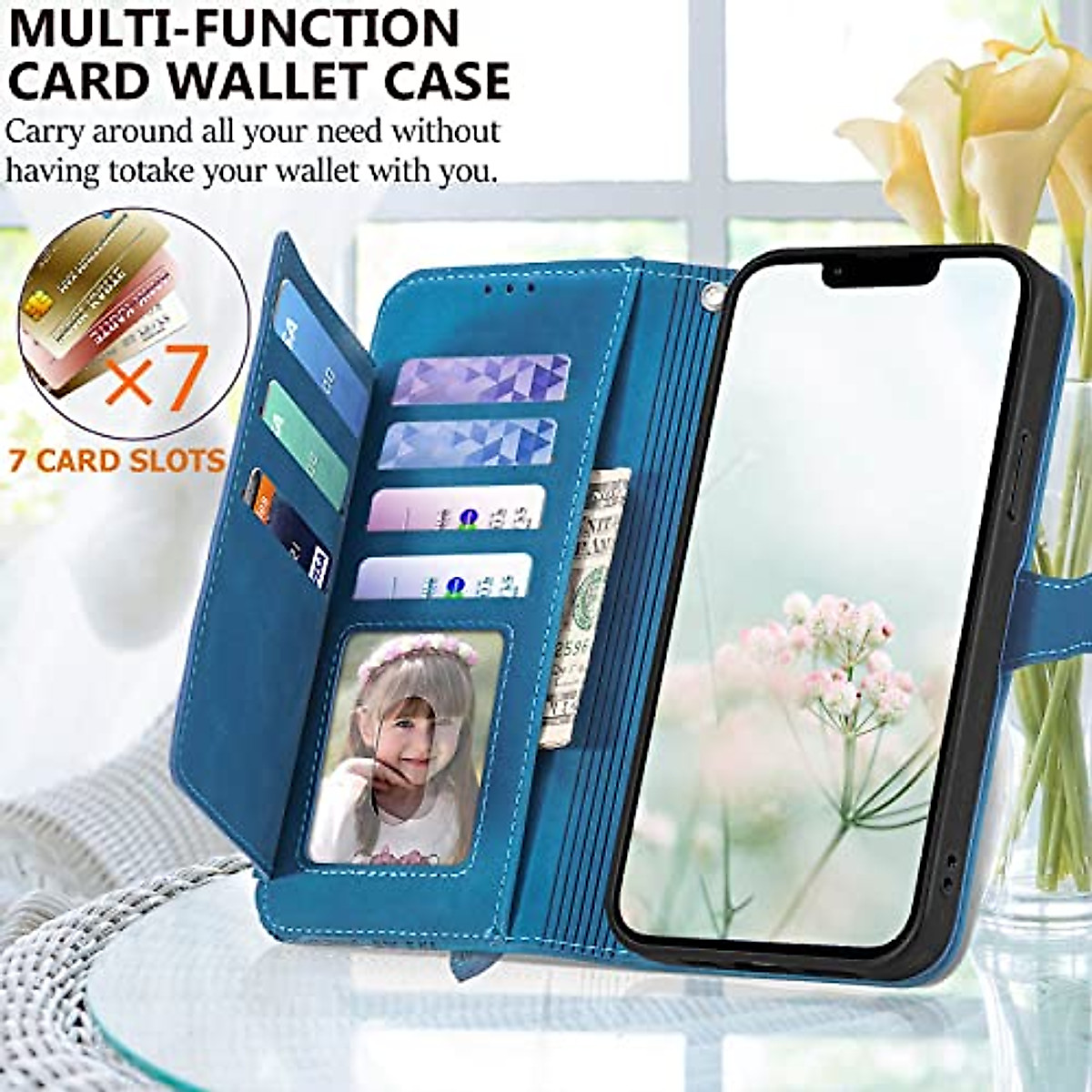 KRHGEIK for iPhone 13 Case for Women,Cute Wallet Case with Zipper Pocket Purse Flower Embossed PU Leather Card Slots Strap Wrist Strap Flip Folio Protective Phone Cover for iPhone 13 (Blue)