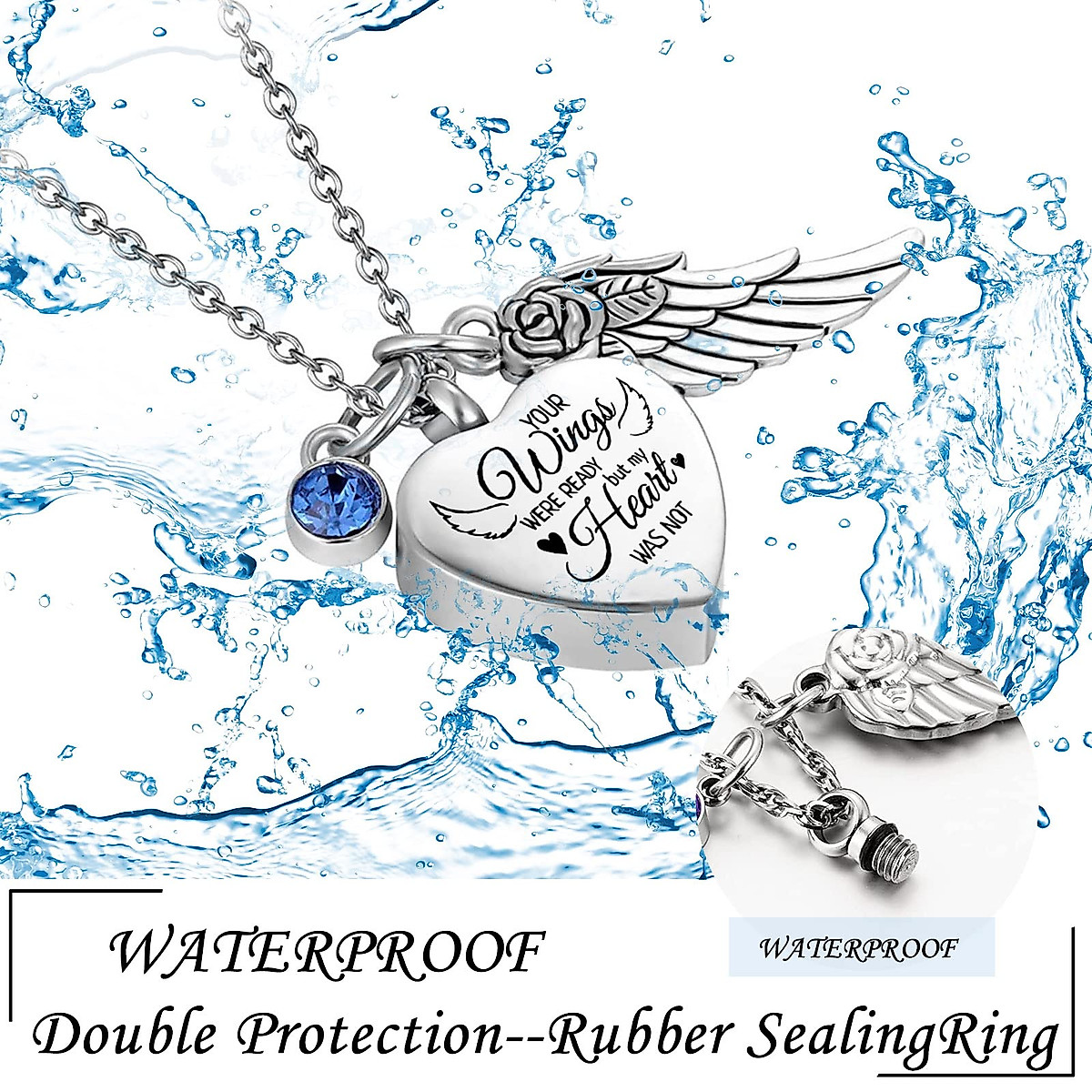 Heart Urn Necklace for Ashes with 12 Birthstones, Cremation Ashes Jewelry Keepsake with Angel Wing - Your Wings were Ready, But My Heart was Not (Your Wings were Ready)