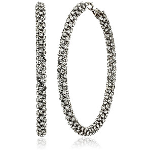 GUESS Women's Silver-Tone Pave Crystal Glass Stone Hoop Earrings
