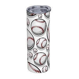 Stainless Steel Skinny Tumbler Baseball Pattern Travel Cup 20 Oz Double Wall Slim Insulated Coffee Mug With Splash Proof Lid & Straw & Cleaning Brush For Home Office