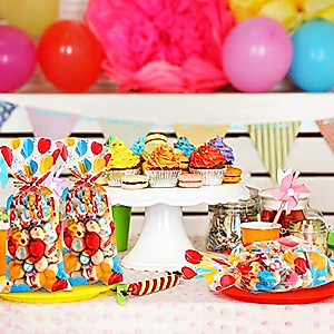 100 Pieces Birthday Party Treat Bags Bright Balloon Print Clear Plastic Cellophane Candy Goodie Gift Bags with 100 Pieces Silver Twist Ties for Birthday Party Decorations