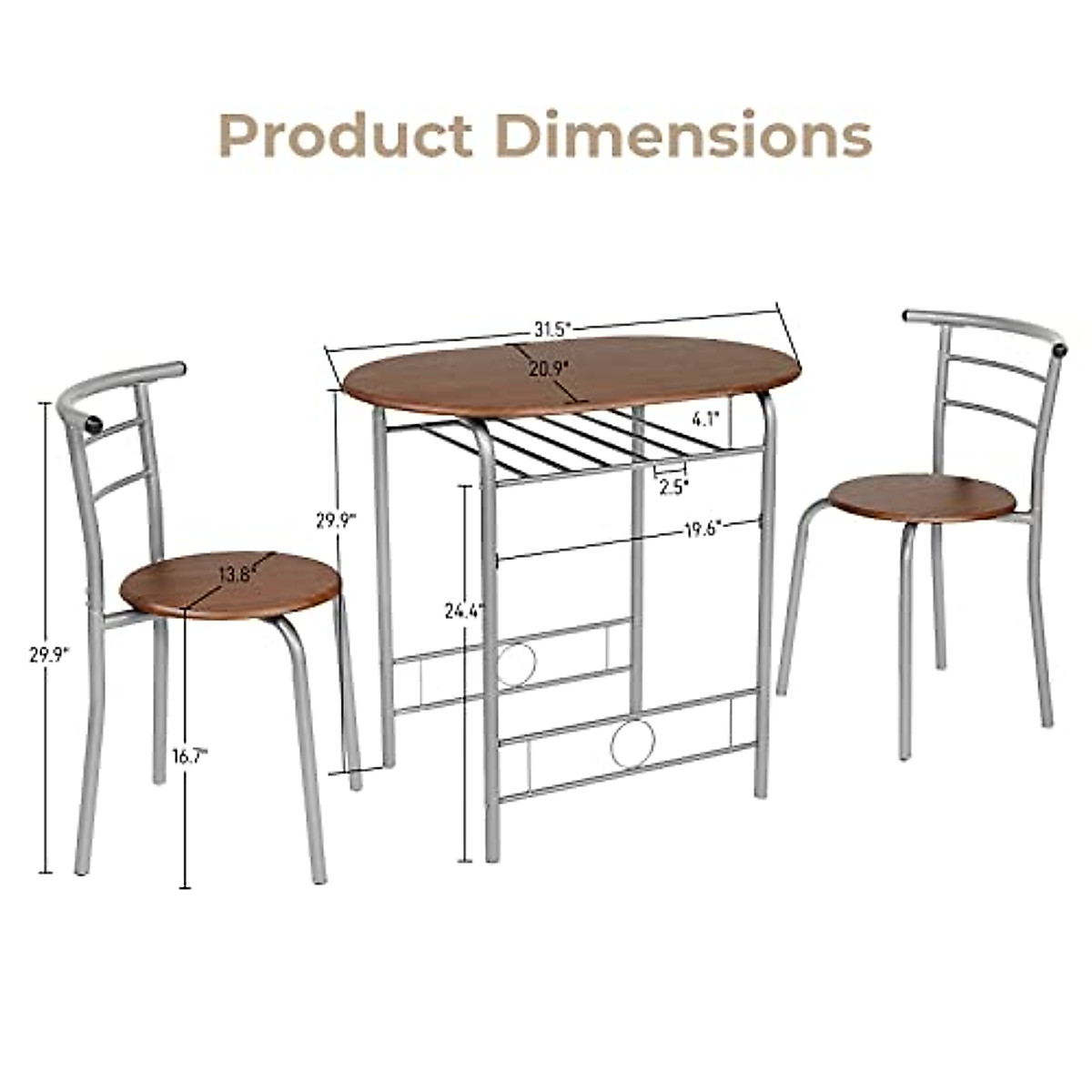 VINGLI 3 Piece Dining Set,Small Kitchen Table Set for 2,Breakfast Table Set,Kitchen Wooden Table and 2 Chairs for Small Space/Dining Room/Apartment,Metal Frame,Wine Rack,Sliver&Brown